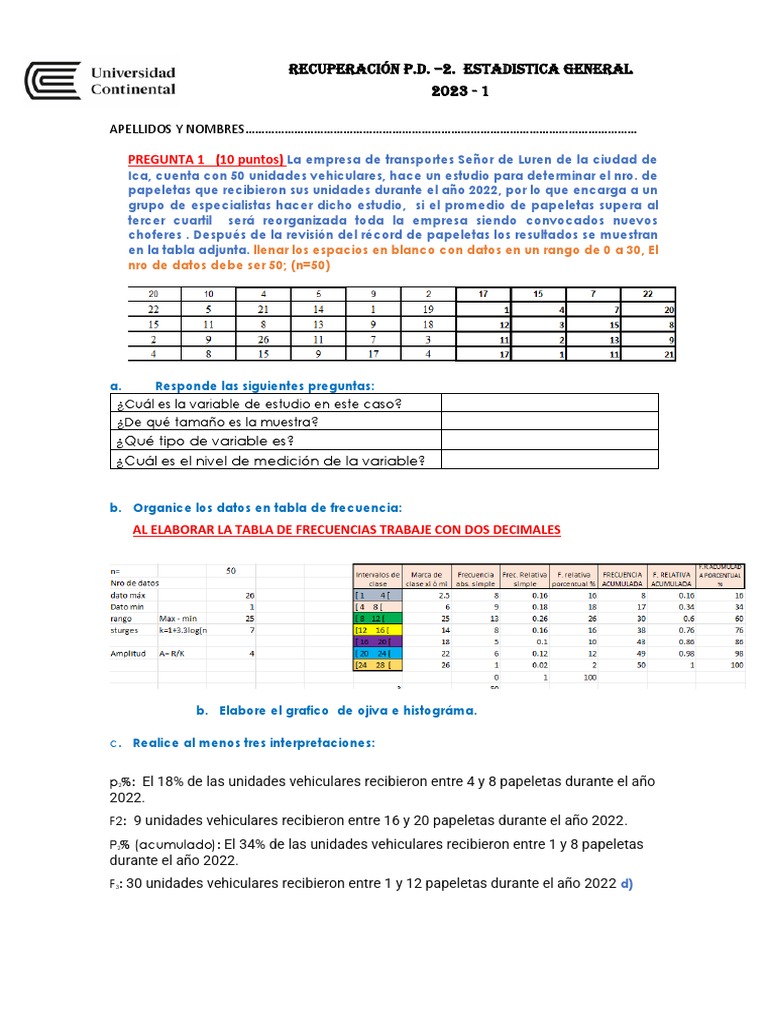 RECUPERACIÓN PRUEBA DE DESARROLLO 2 ESTADISTICA GENERAL Resuel | PDF | Teoría estadística ...