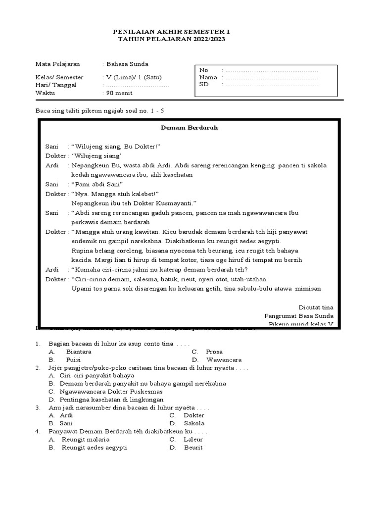 Soal Latihan PAS B. Sunda Kls 5 | PDF