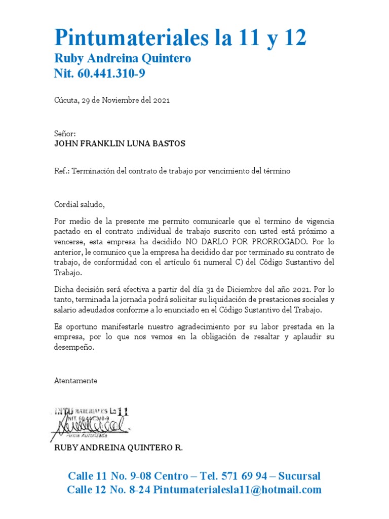 Carta Terminacion Del Contrato Termino Fijo Vencimiento de Terminos (1 ...