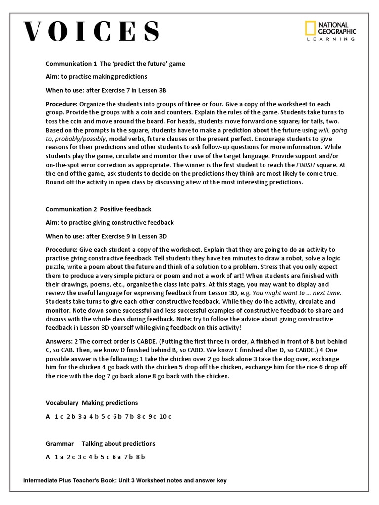 Voices Intermediate Plus Unit 3 Worksheets Notes and Answer Key 0 | PDF ...