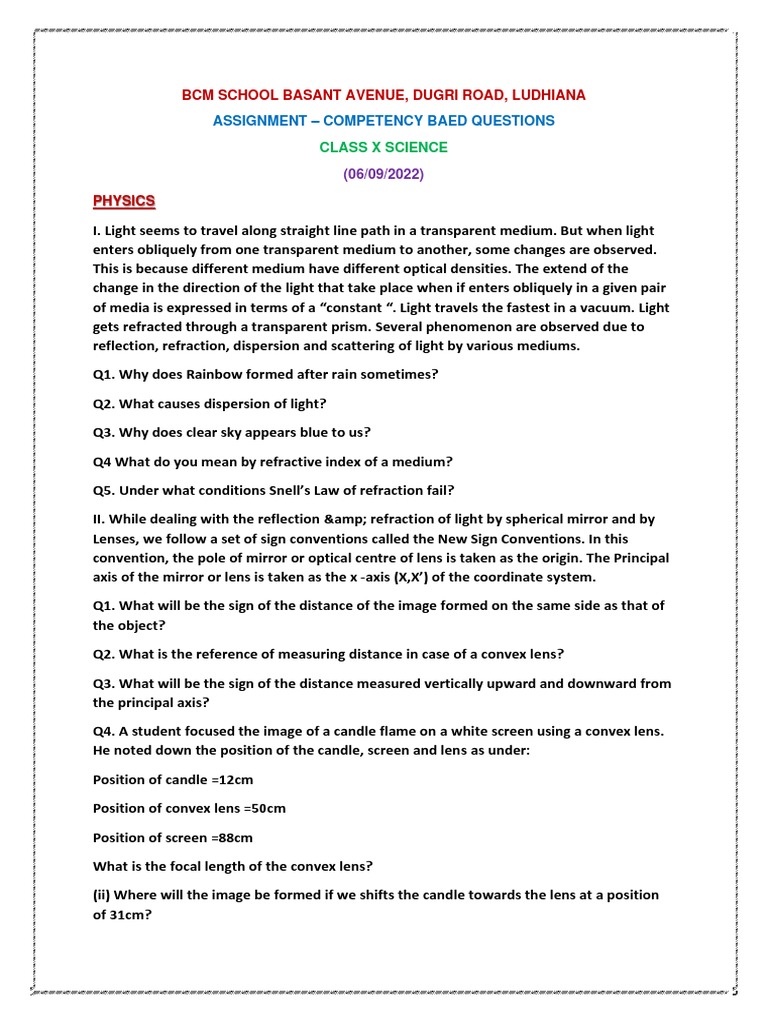 Competency Based Assignment Science | PDF | Optics | Refraction