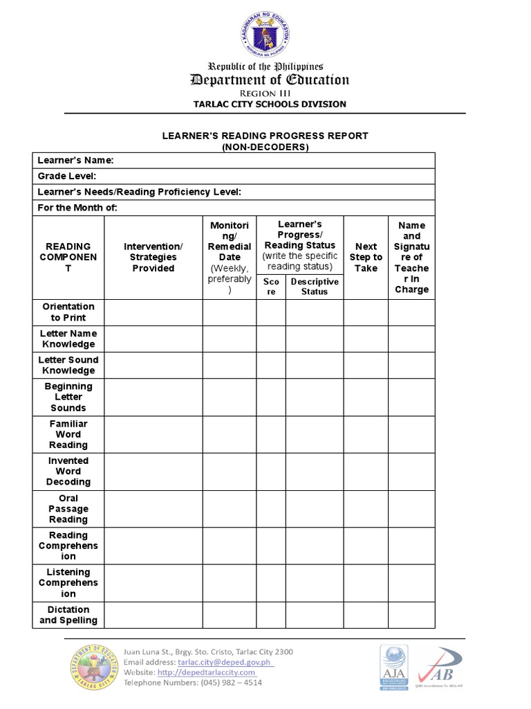 Individual Reading Prpogress Report | PDF | Learning | Pedagogy