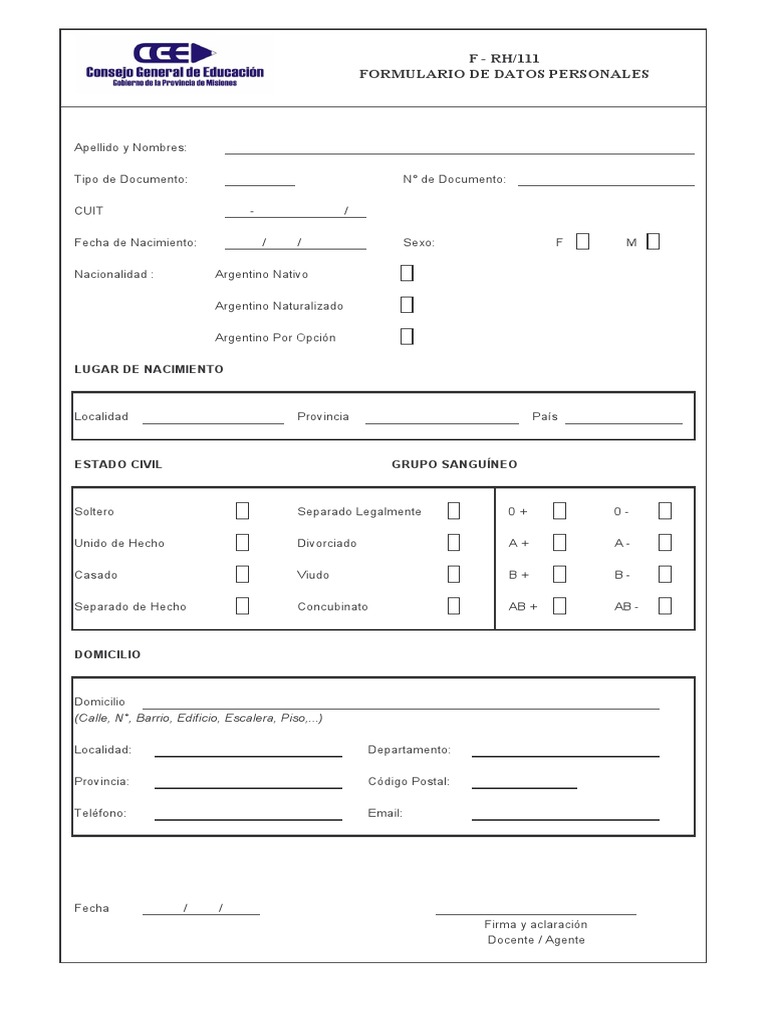 Formulario RH-111 Datos Personales | PDF