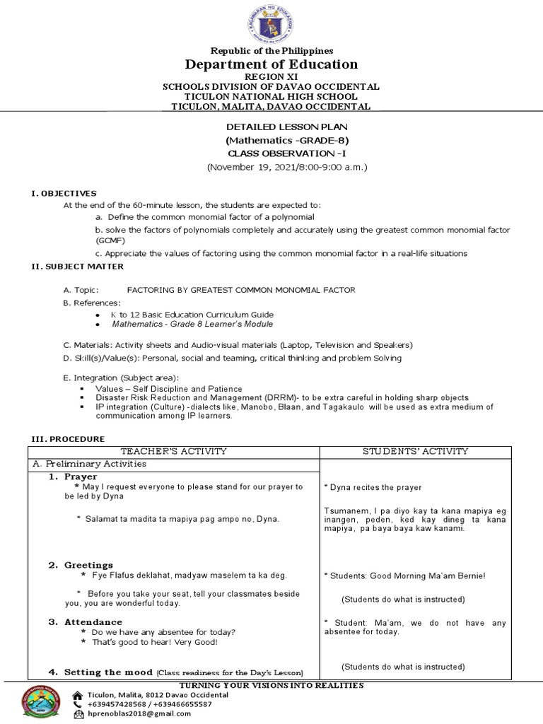 Detailed Lesson Plan math 8 COT 1 SY 2021-2022 (2) | PDF | Polynomial ...