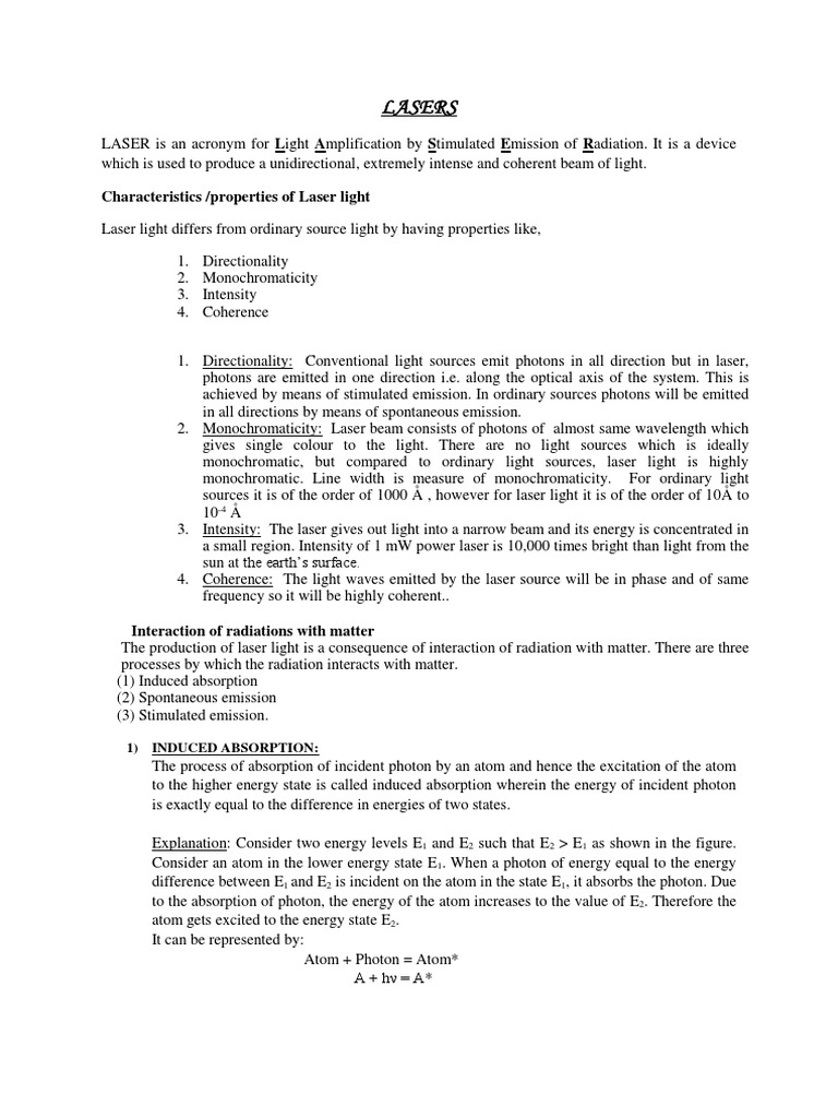 Lasers Notes | PDF | Laser | Emission Spectrum