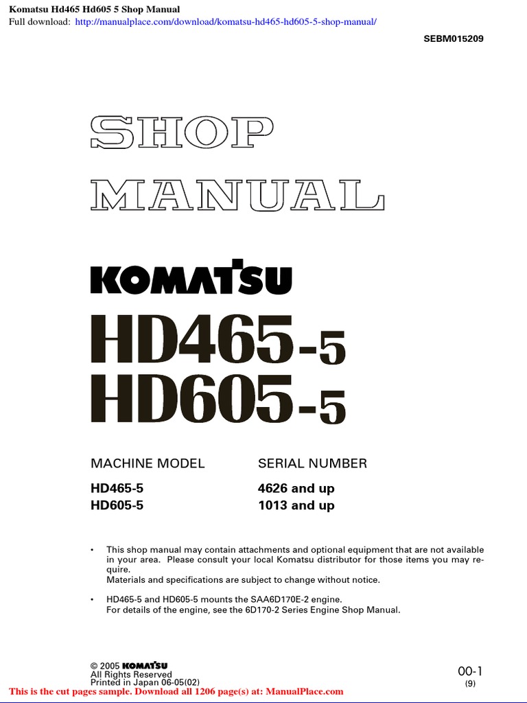 Komatsu HD465-5/HD605-5 Shop Manual | PDF | Crane (Machine ...