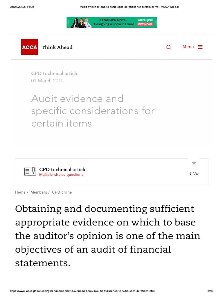Audit Evidence and Specific Considerations For Certain Items - ACCA Global | PDF | Financial ...