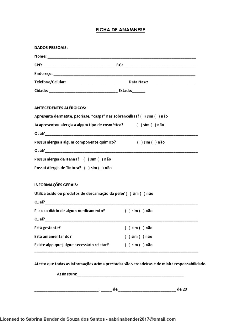Ficha de Anamnese e Teste de Alergia-1 | PDF | Alergia | Especialidades ...