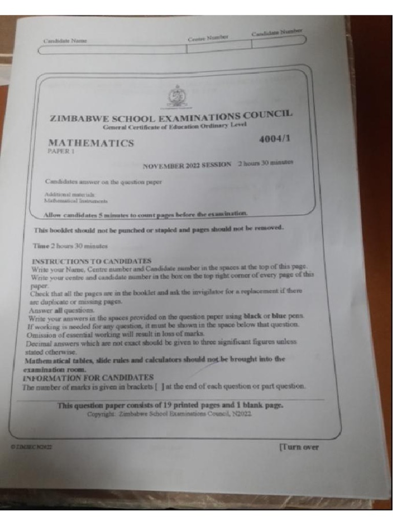 Zimsec Mathematics Paper 1 2022 | PDF