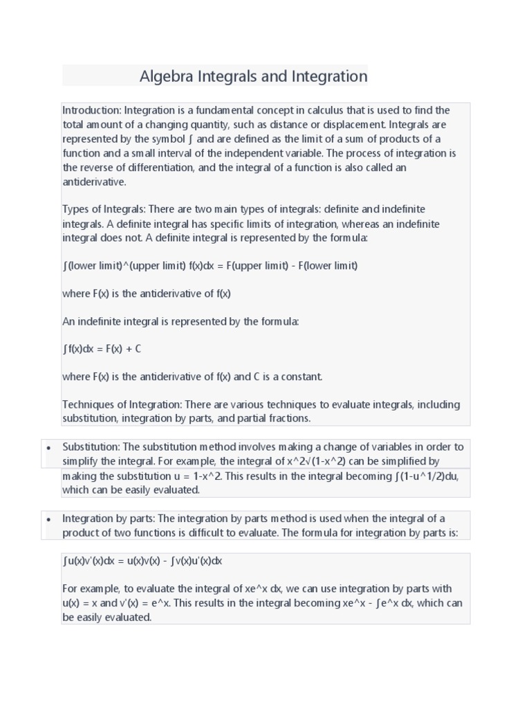 Algebra Integrals and Integration | PDF | Integral | Calculus