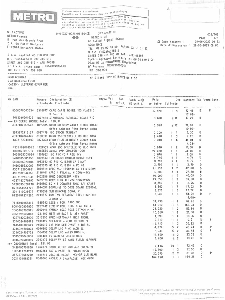 Facture Metro 29-06-2023 | PDF
