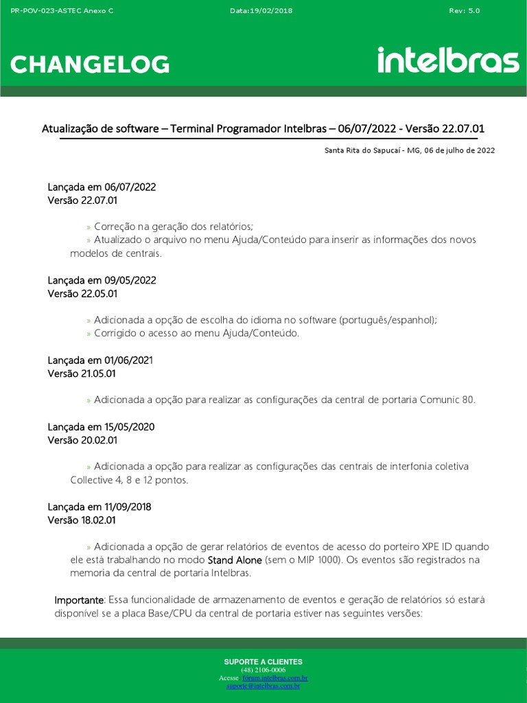 Changelog Terminal Programador Intelbras Tpi | PDF | Engenharia de Software | Desenvolvimento de ...