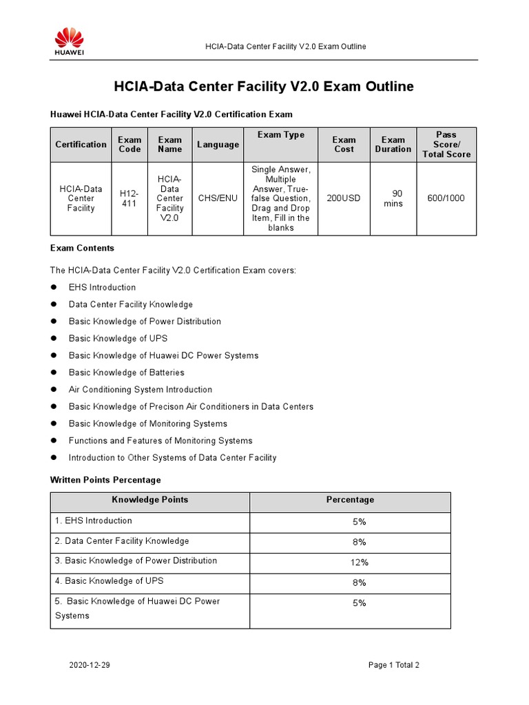 HCIA-Data Center Facility V2.0 Exam Outline | PDF | Air Conditioning | Data Center