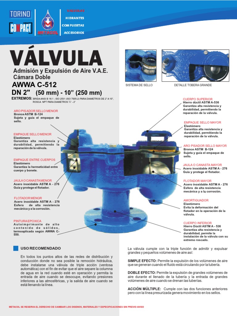 METACOL - Valvula de Admision y Expulsion de Aire - AWWA C-512 | PDF | Tornillo | Acero