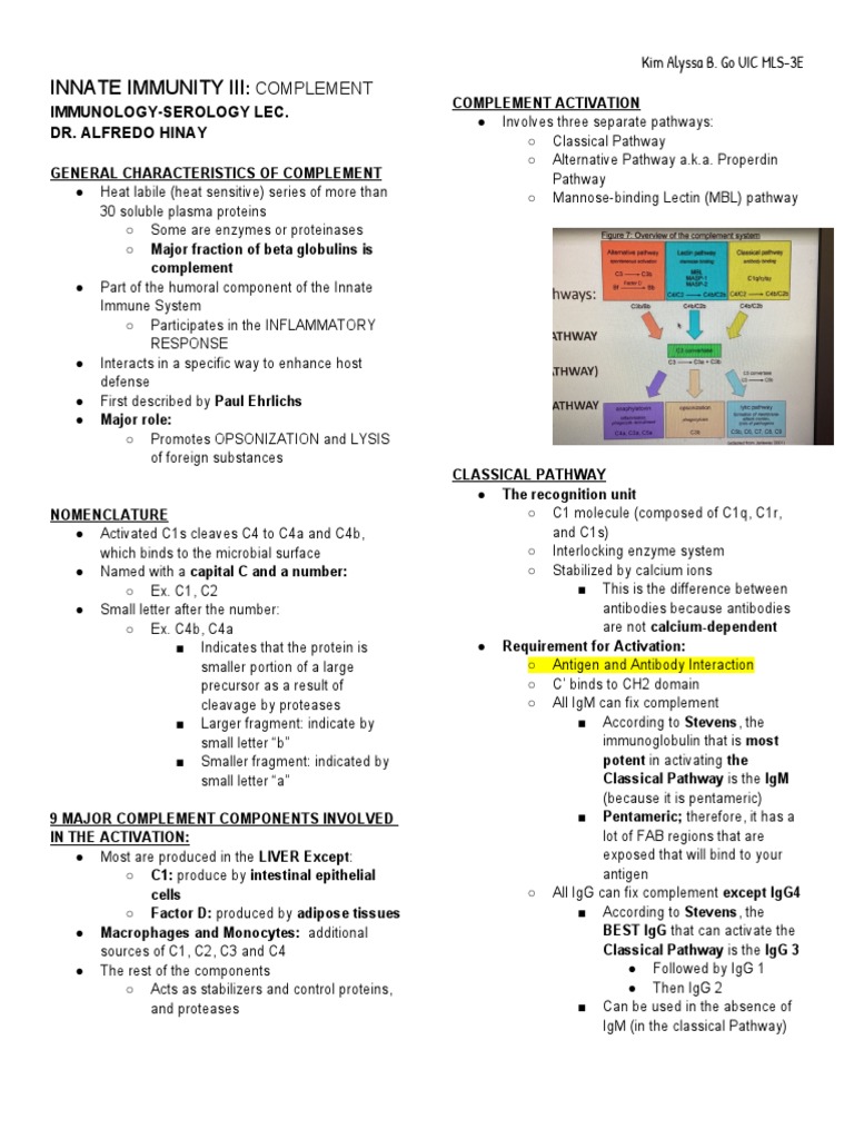 Topic 6 - Innate Immunity III - Complement | PDF | Complement System | Medical Specialties