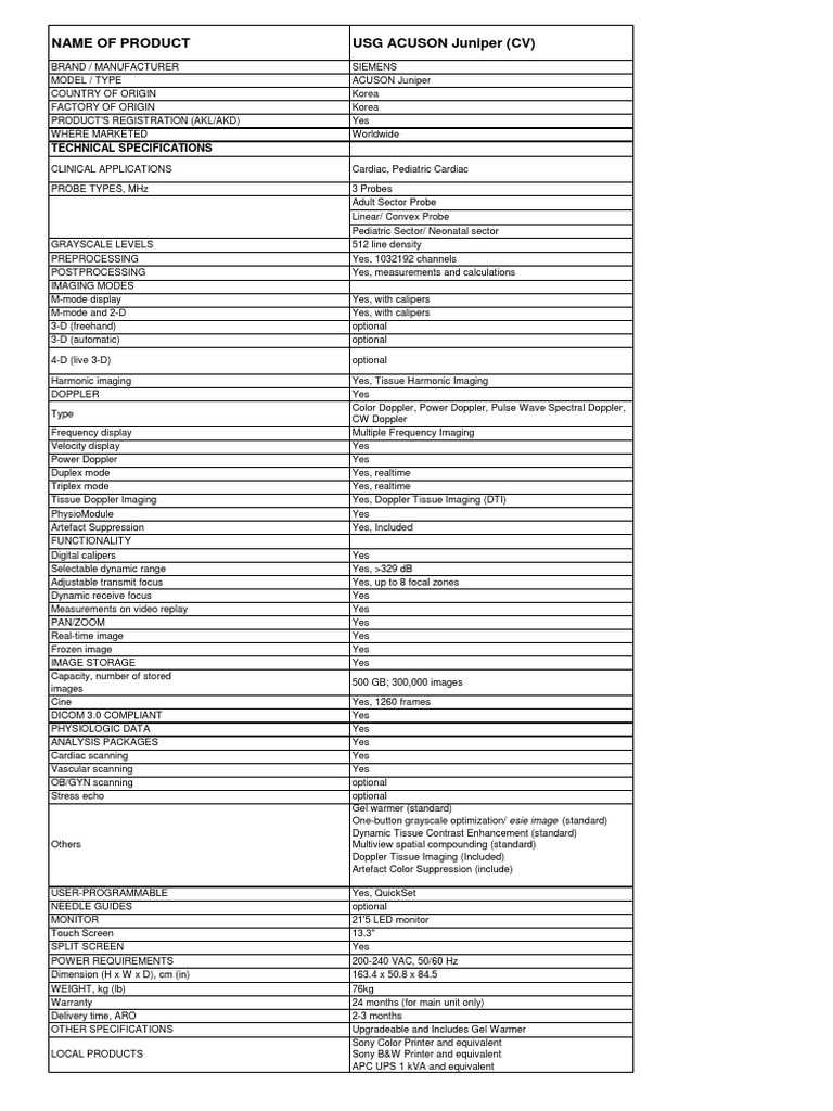Spec ACUSON Juniper CV_Final | PDF | Imaging