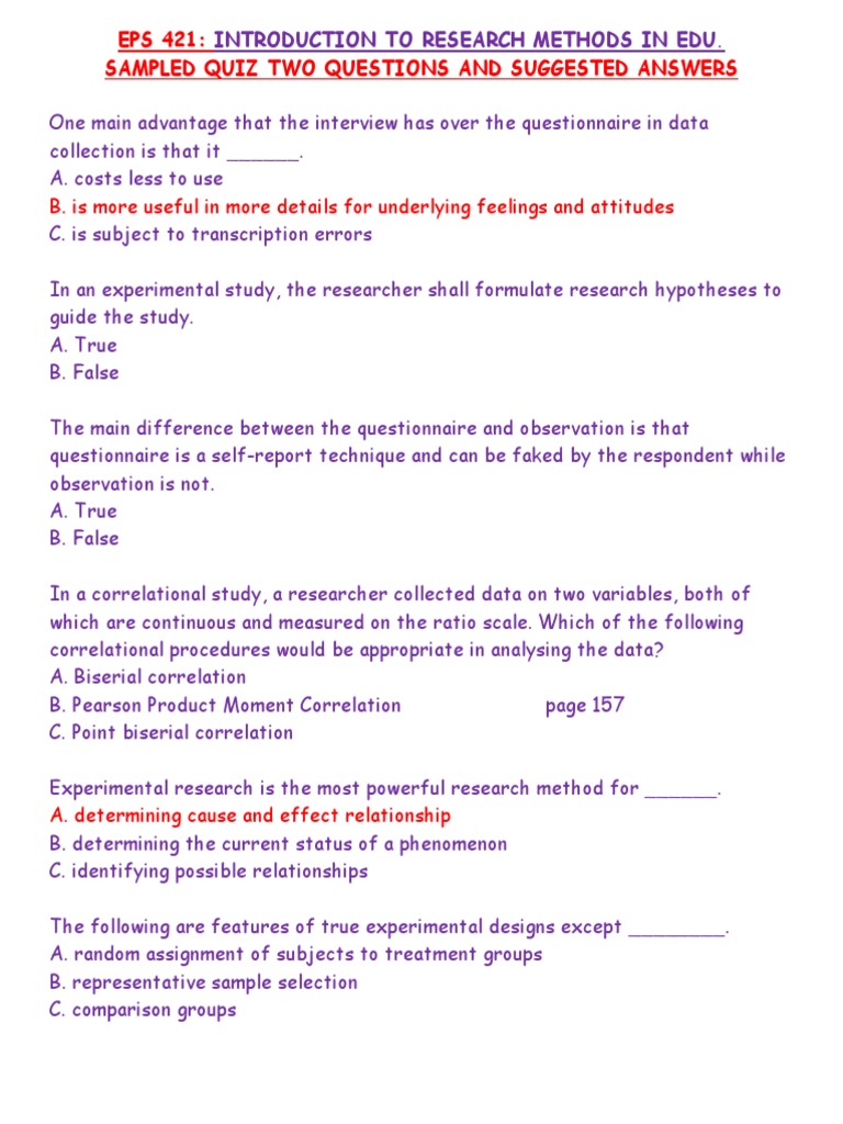 Educational Research Quiz 2 | PDF | Sampling (Statistics) | Experiment
