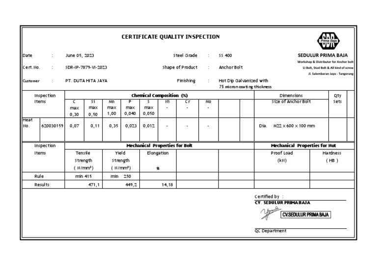 Anchor SS400 M22 X 600 X 100 MM (7879) PT. Duta Hita Jaya | PDF | Screw ...