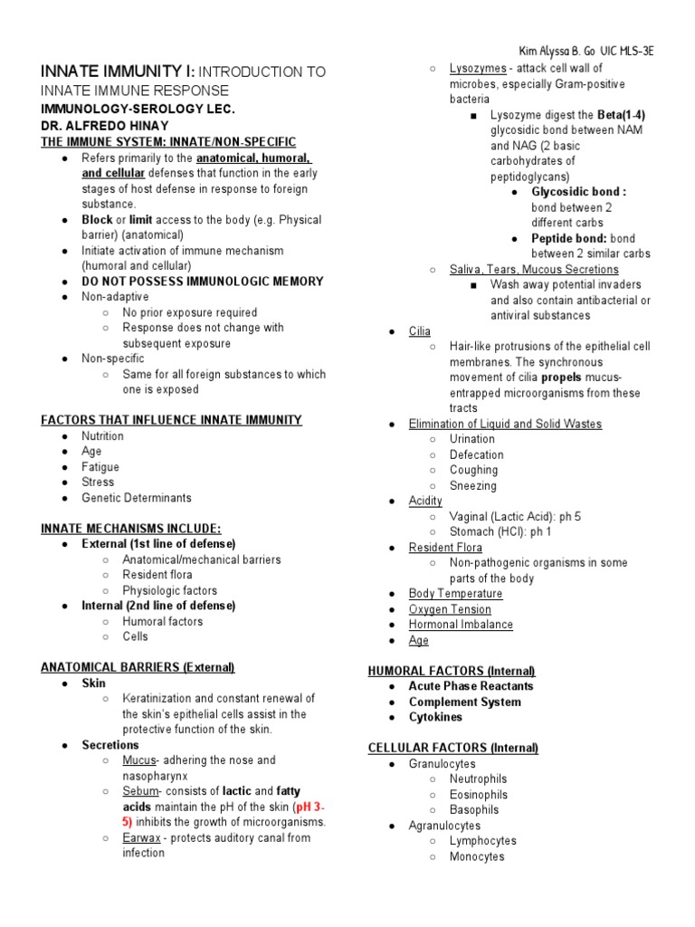 Topic 2 - Innate Immunity I - Introduction To Innate Immune Response ...