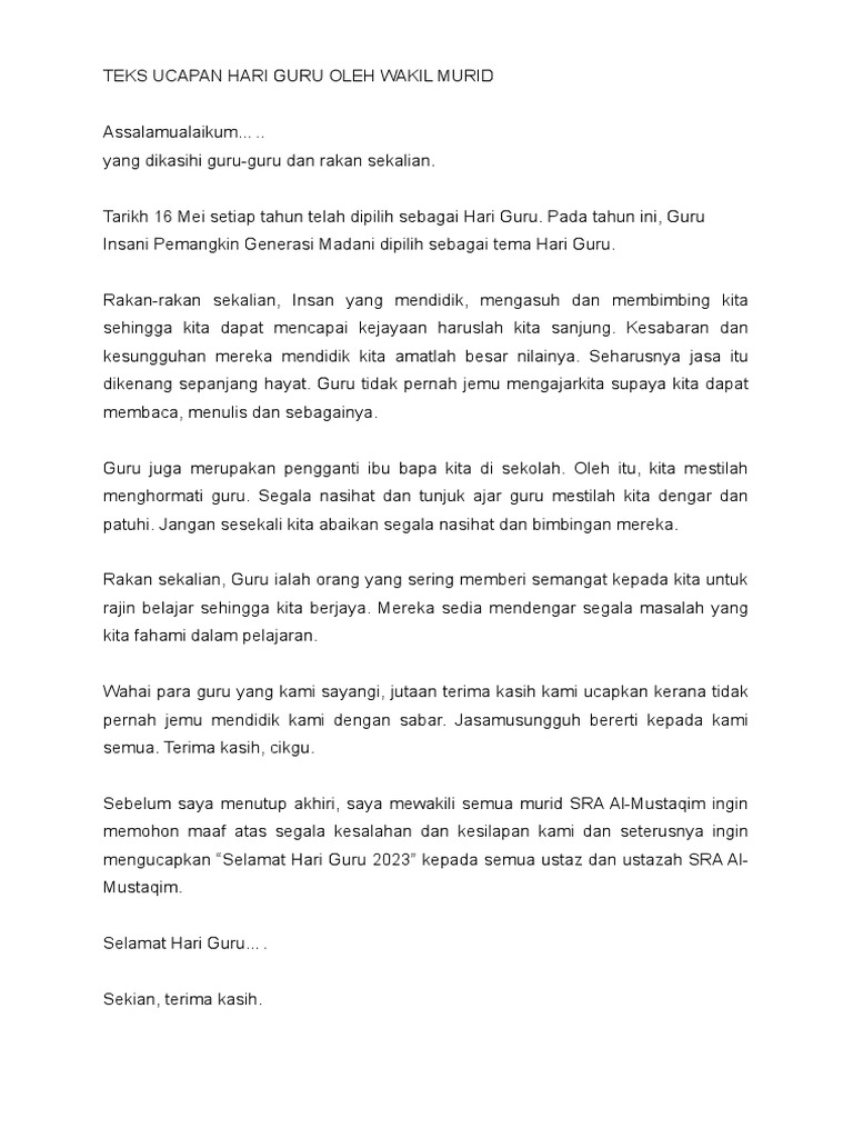 Teks Ucapan Hari Guru Wakil Murid | PDF