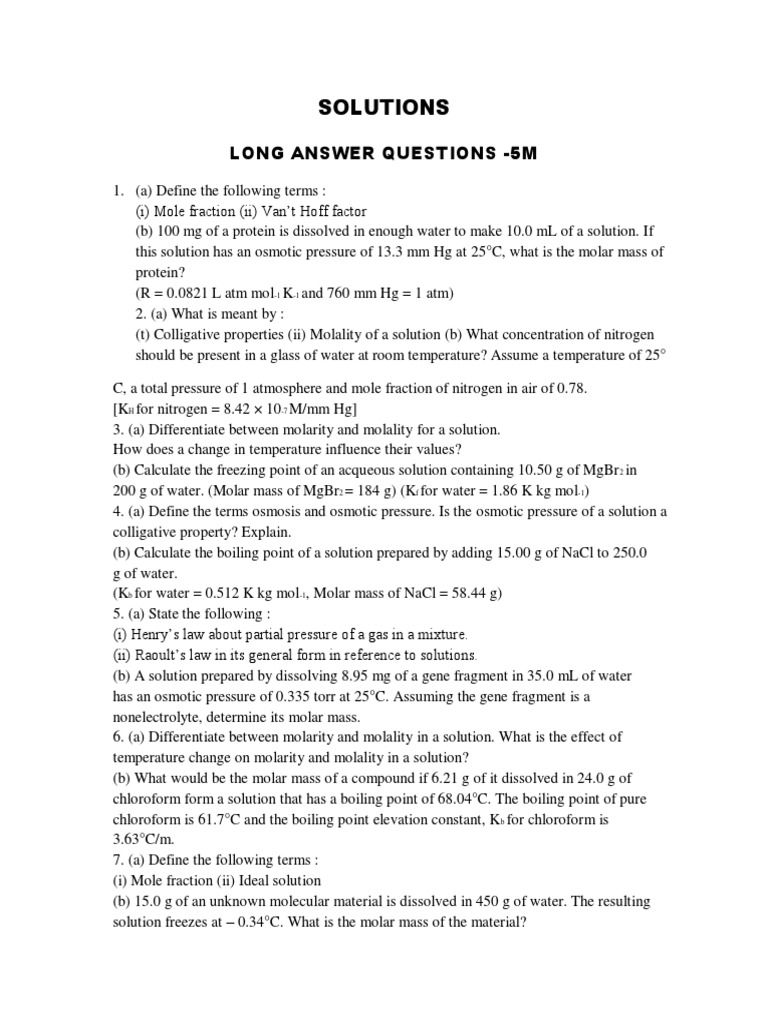 Solutions: Long Answer Questions - 5M | PDF | Concentration | Mole (Unit)