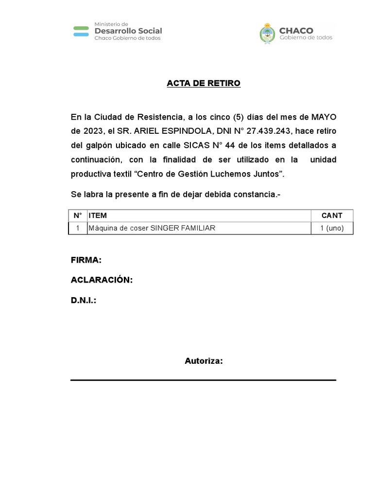 Acta de Retiro Galpon | PDF