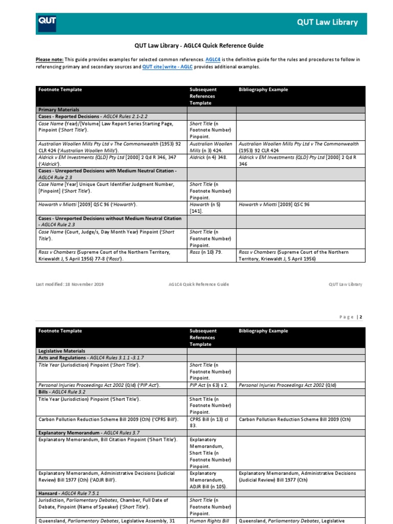 AGLC4 Quickguide | PDF | Encyclopedias | Case Citation
