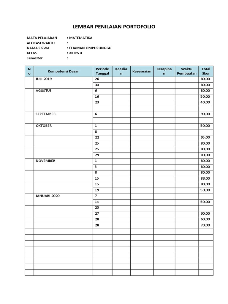 Lembar Penilaian Portofolio (1) MTK | PDF