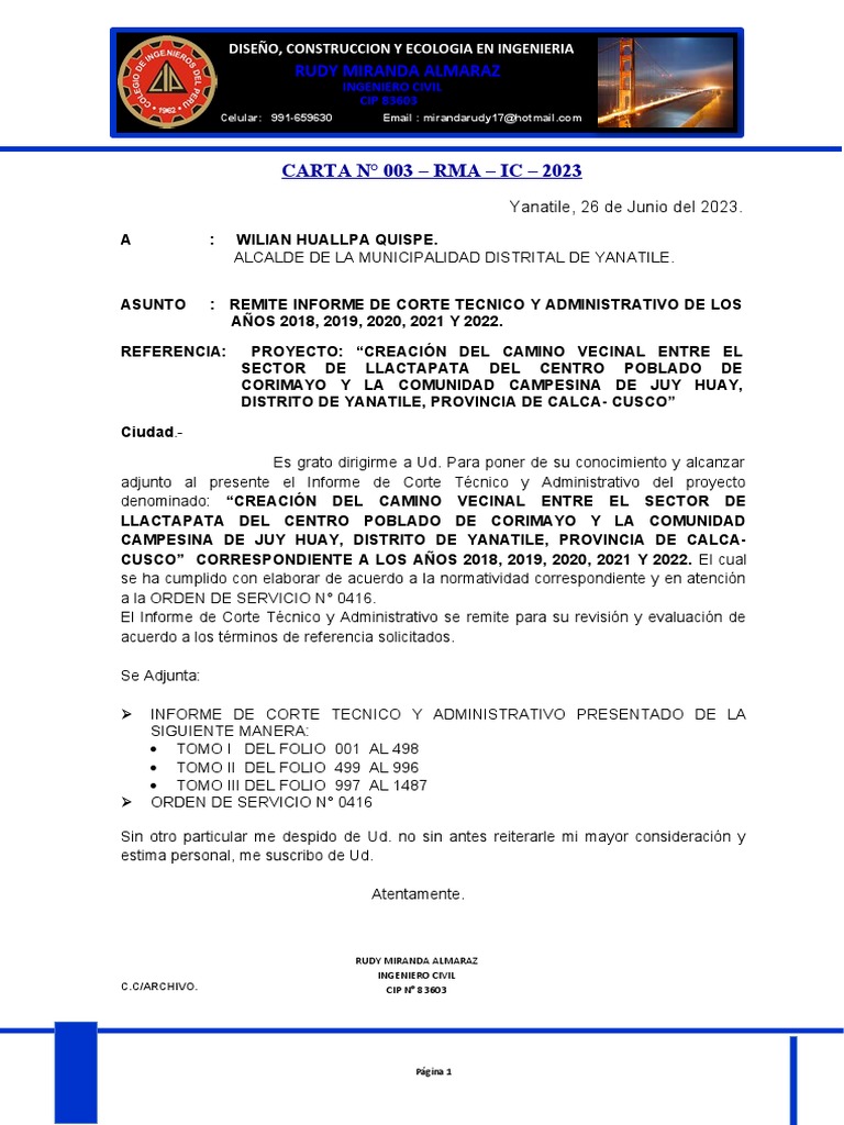 Carta #003 Entrega de Infore de Corte Tecnico Yanatile | PDF | Ingeniería