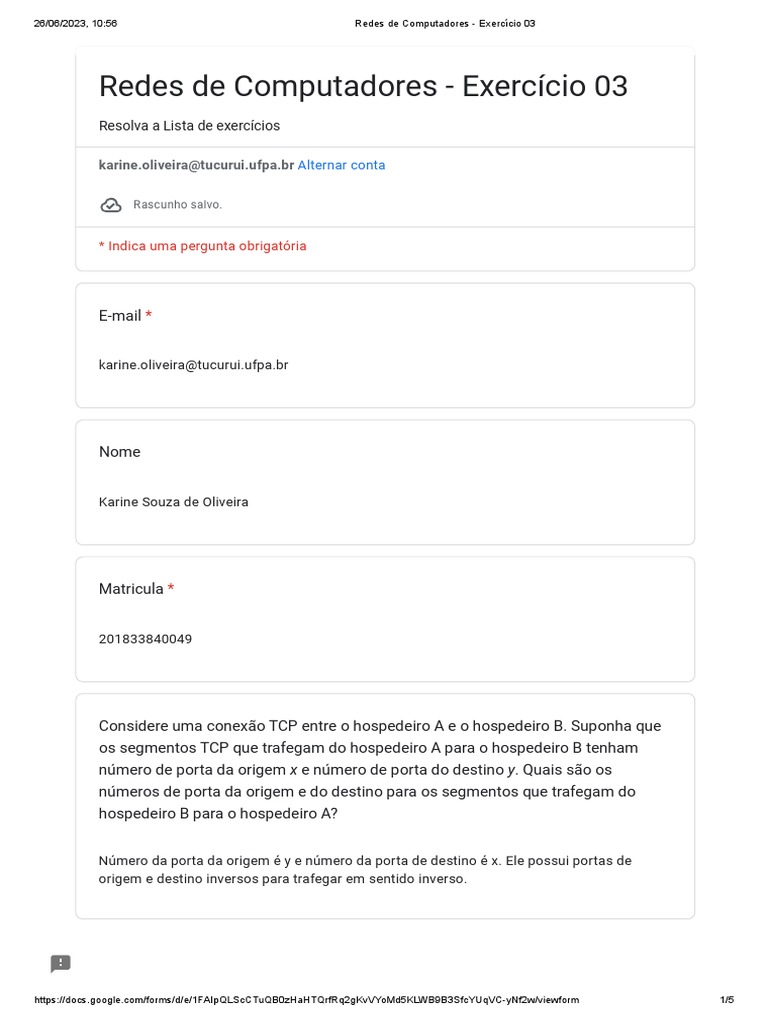 Redes de Computadores - Exercício 03 | PDF | Protocolo de controle de transmissão | Porta (rede ...