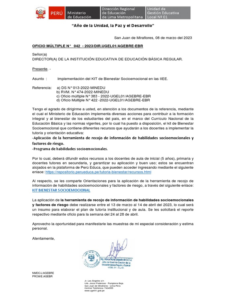 Implementacion Del KIT de HSE - Oficio-Multiple-042-2023-DIR-UGEL01-AGEBRE-EBR-07-03-2023 | PDF ...