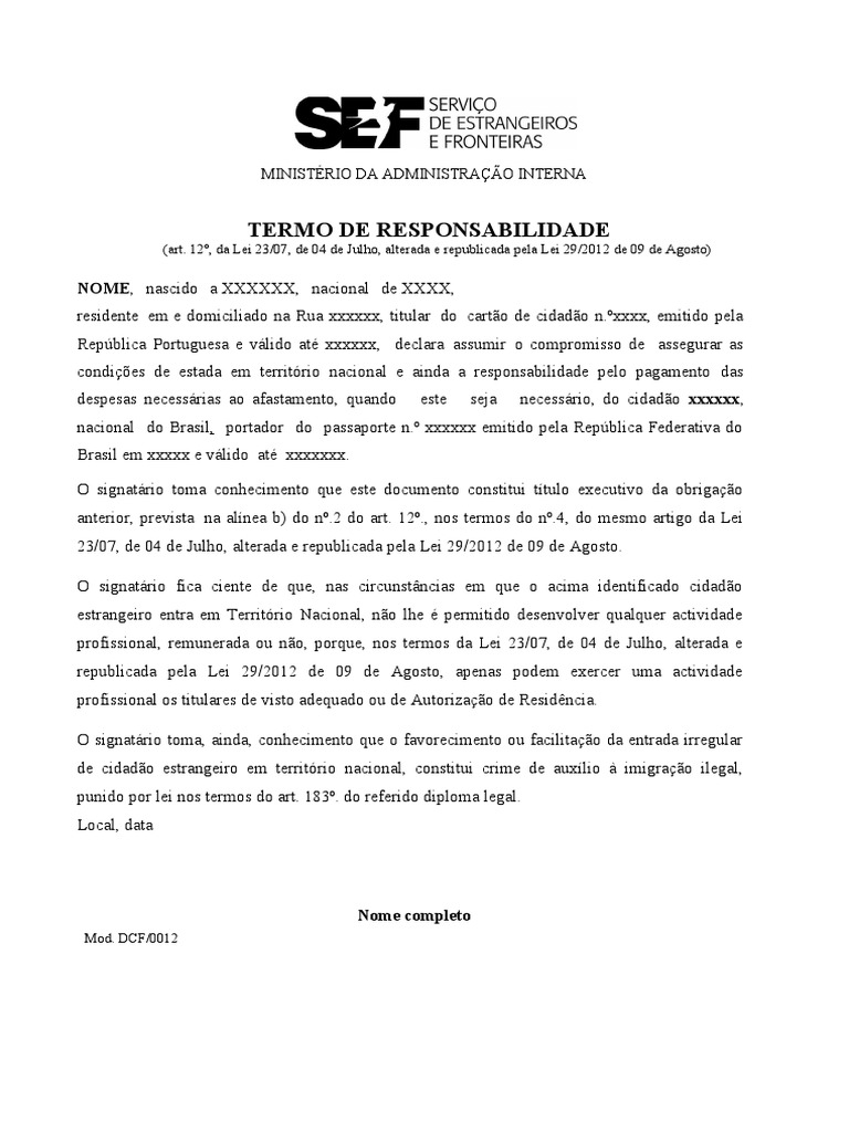 Termo de Responsabilidade Sef | PDF