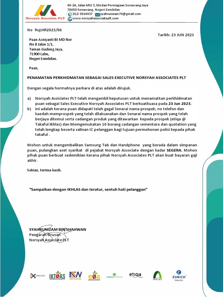 Surat Penamatan Kontrak Perkhidmatan | PDF