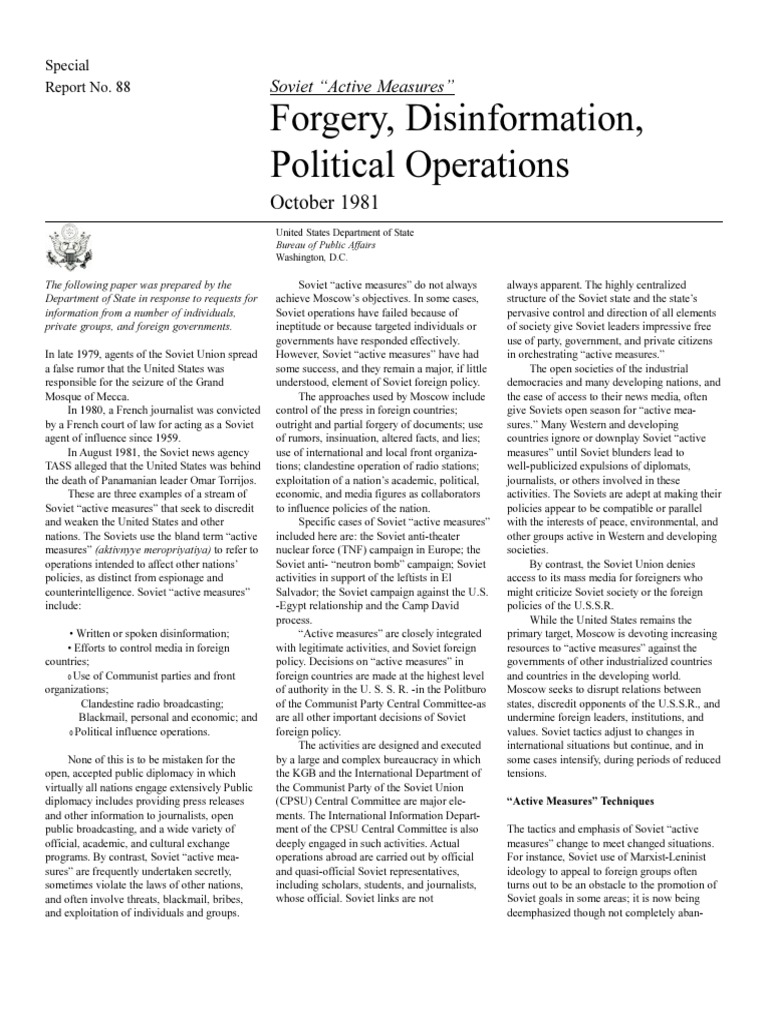 Soviet Active Measures Forgery, Disinformation, Political Operations ...