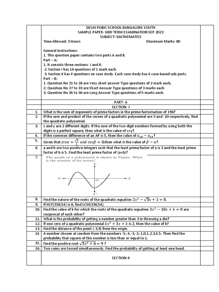 DPS Bangalore Math Exam | PDF | Factorization | Quadratic Equation