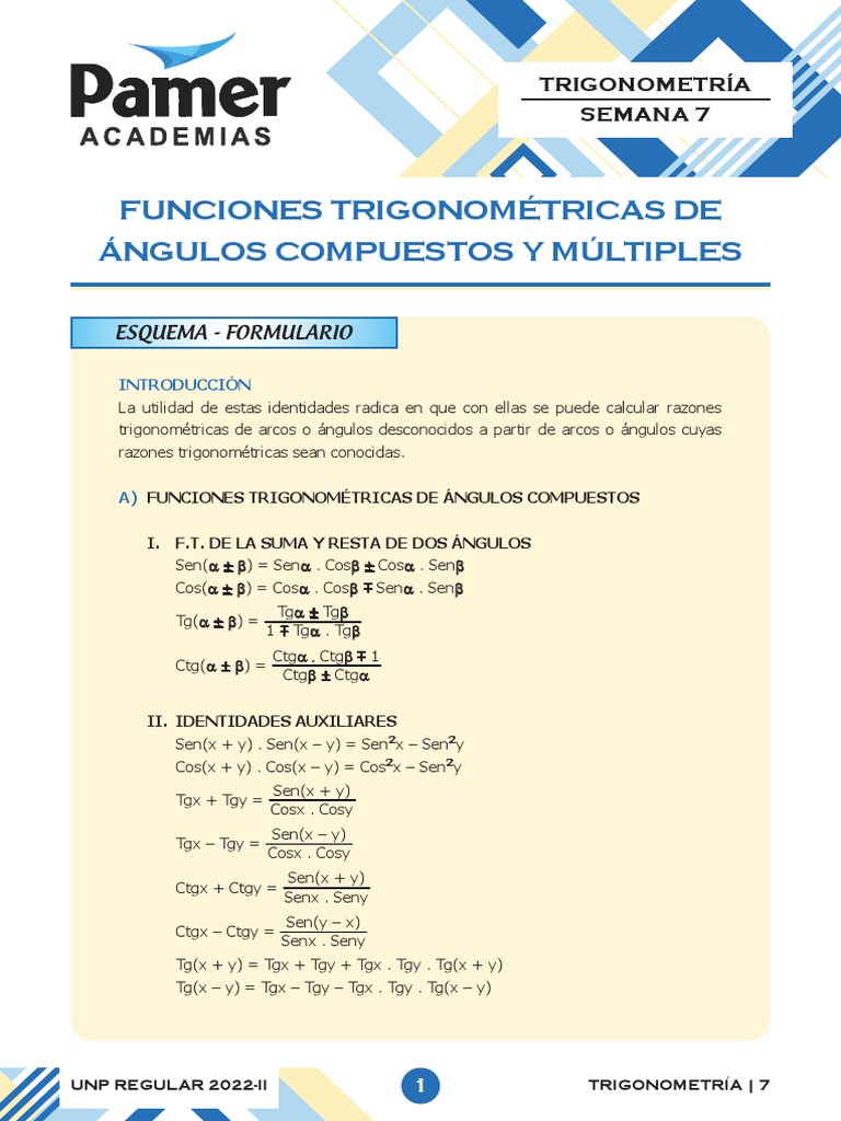 Trigo - Clase7 - UNP - FT de Ángulos Compuestos y Múltiples | PDF | Trigonometría | Funciones ...