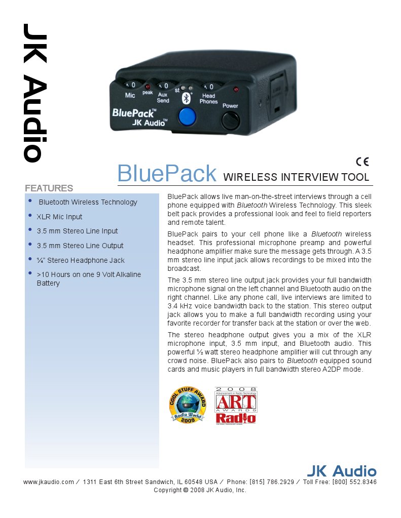 JK Audio BluePack Datasheet | PDF