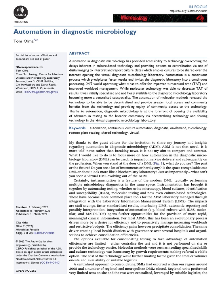Automation in Diagnostic Microbiology | PDF | Automation | Laboratories