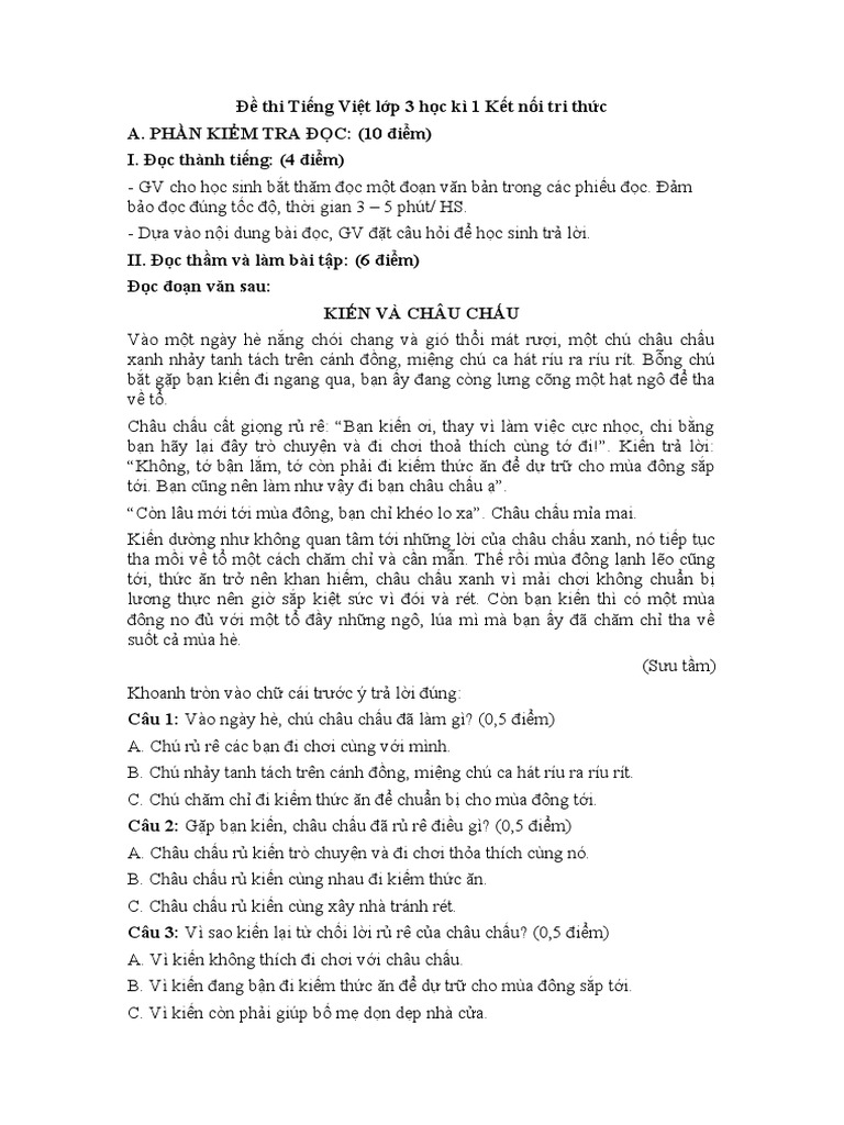 De Thi Tieng Viet Lop 3 Hoc Ki 1 Ket Noi Tri Thuc So 3 | PDF