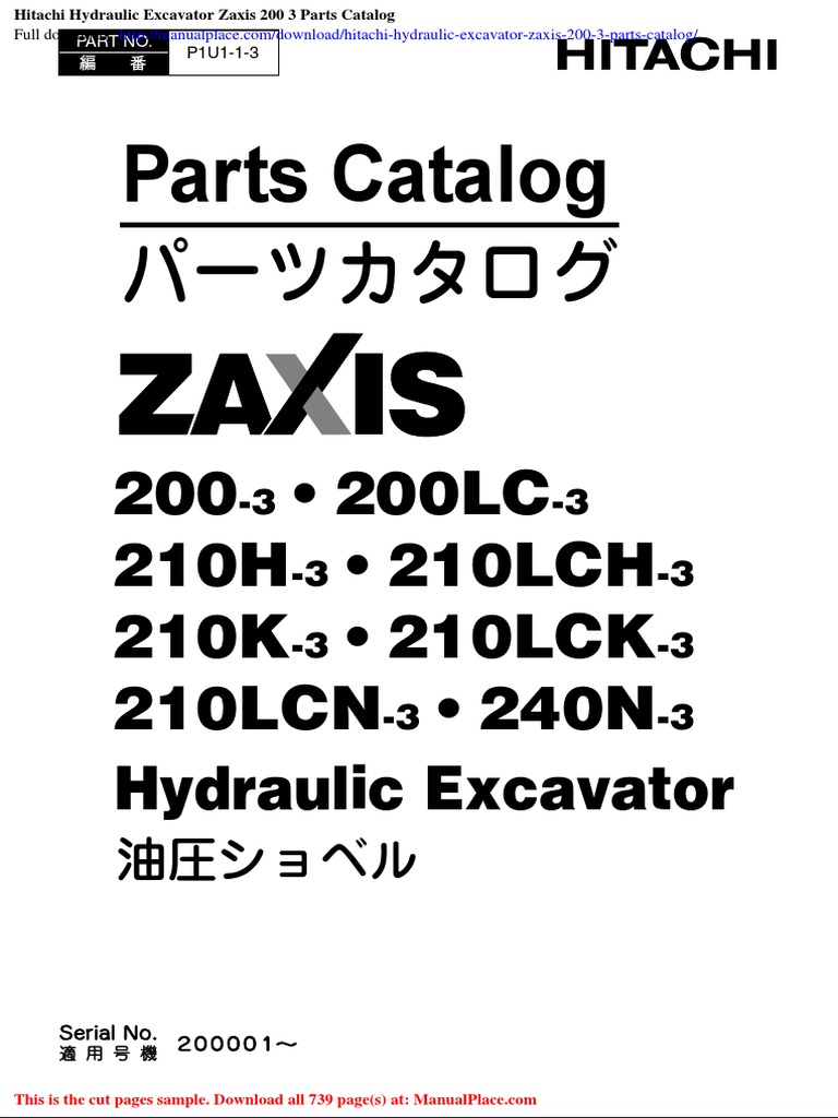Hitachi Hydraulic Excavator Zaxis 200 3 Parts Catalog | PDF