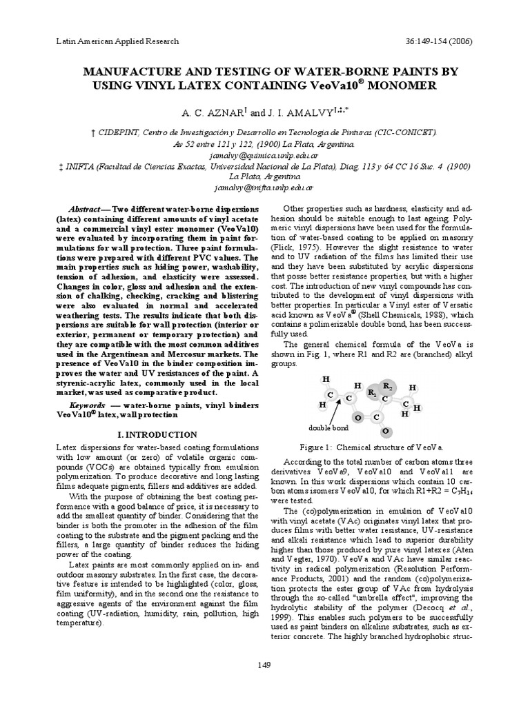 Manufacture and Testing of Water-Borne Paints by Using Vinyl Latex ...