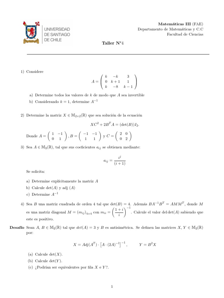 Taller 4 MATEIII CPA 2023 1 | PDF | Matriz (Matemáticas) | Objetos matemáticos
