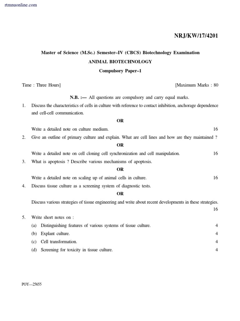 MSC 4 Sem Bio Technology Animal Biotechnology Paper 1 Winter 2017 ...