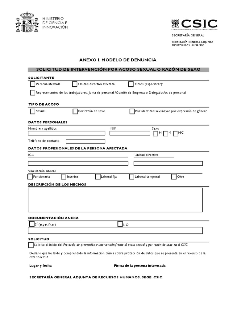 Modelo Denuncia Acoso Sexual | PDF | Acoso sexual | Información