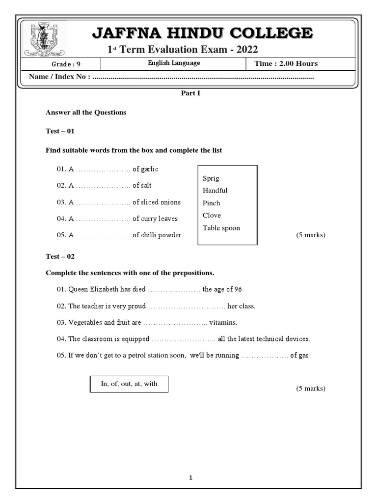 Tg9 Eng TP 1st JHC 2022 | PDF