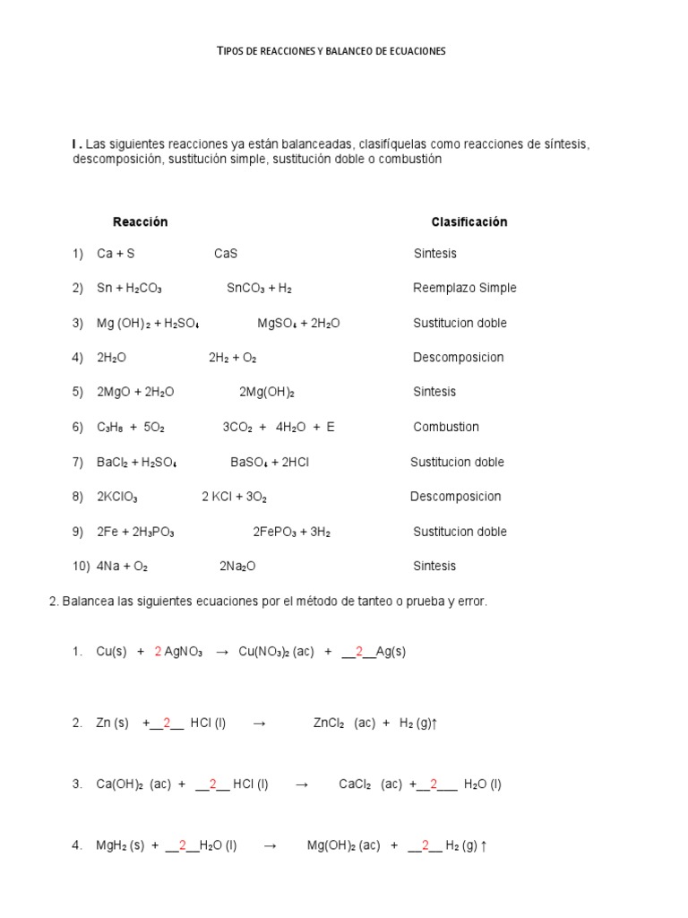 Ejercicios BB Tipos de Reacciones y Balanceo | PDF
