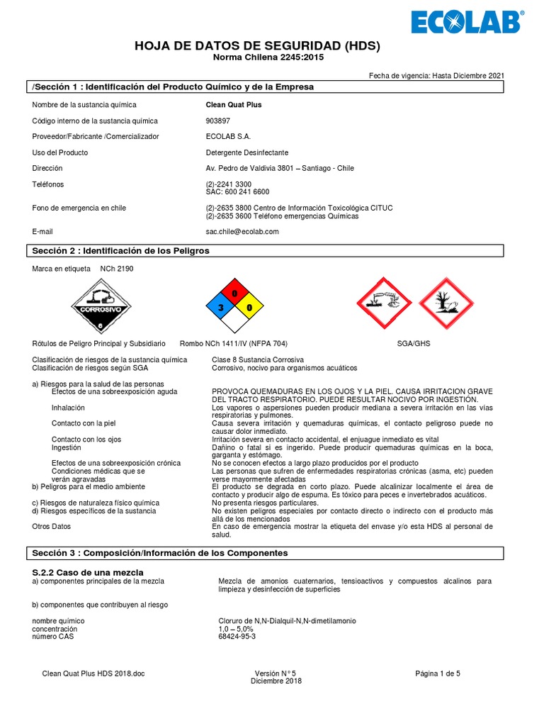 Hoja de Seguridad Clean Quat Plus | PDF | Agua | Residuos