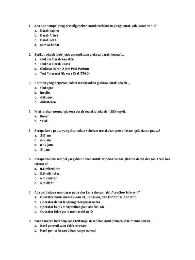 Contoh Soal Pre-Test Poct Glukosa | PDF