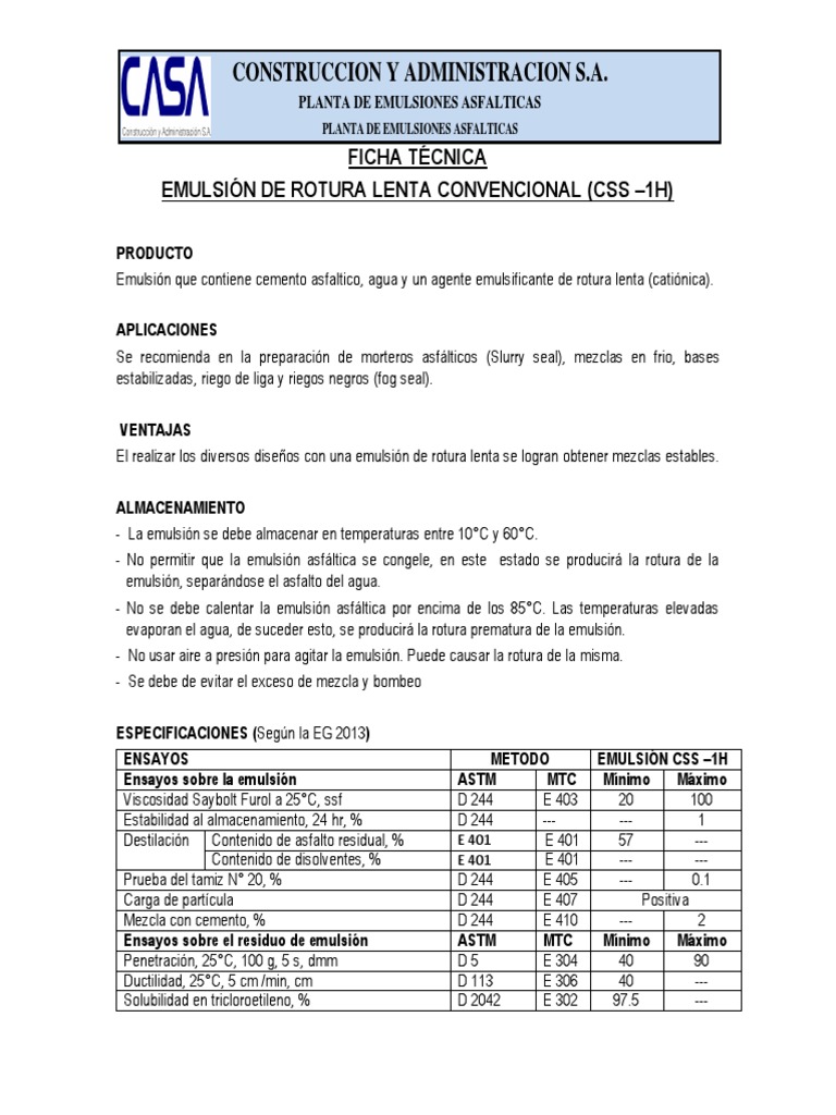 FICHA TECNICA CSS - 1h (Actualizado) | PDF | Emulsión | Agua FICHA TECNICA CSS - 1h (Actualizado) | PDF | Emulsión | Agua
