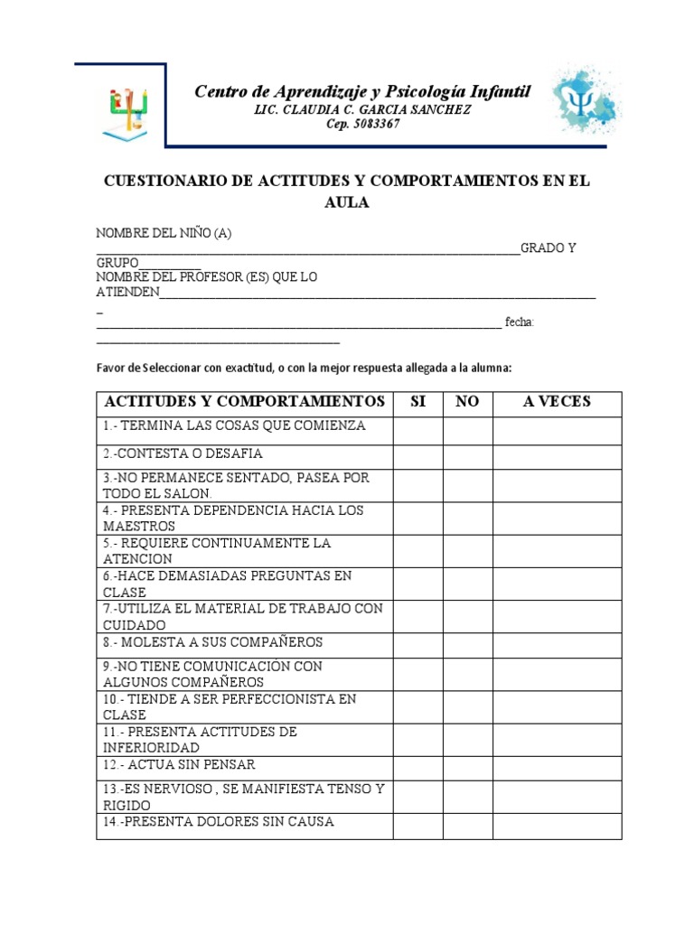 Cuestionario de Comportamientos y Actitudes en El Aula | PDF | Salón de ...
